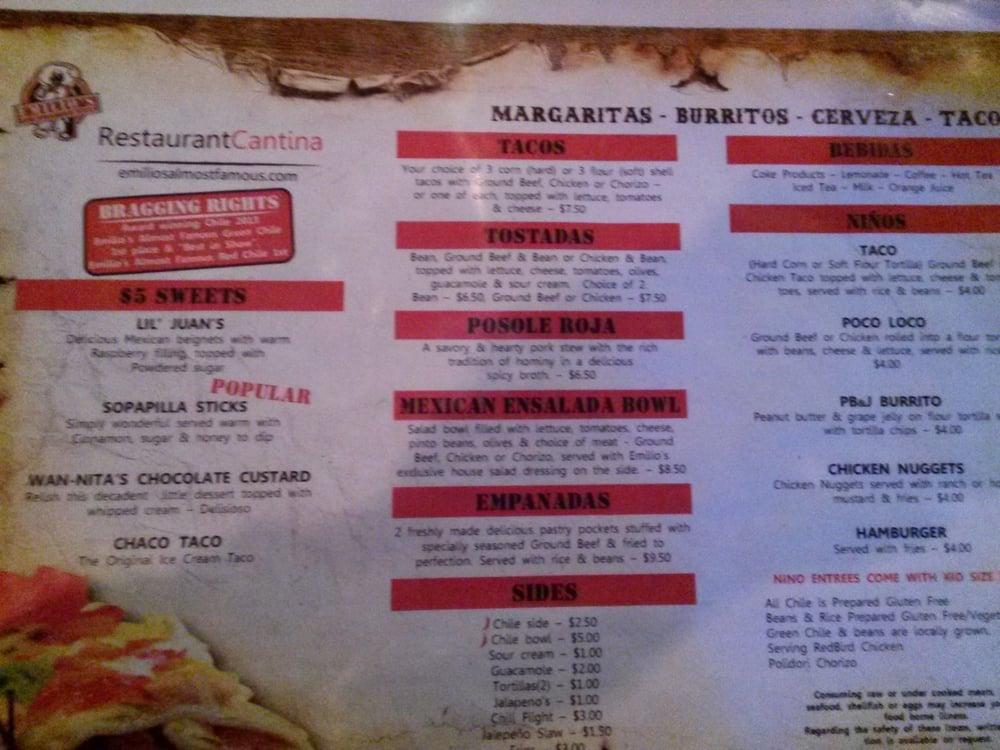 Menu at Emilio's Almost Famous pub & bar, Westminster