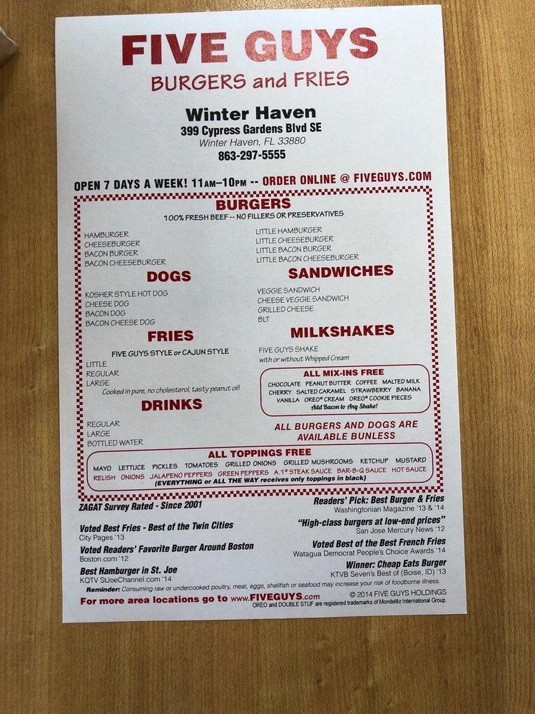 Menu at Five Guys fast food, Winter Haven, 399 Cypress Gardens Blvd