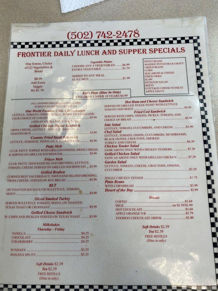 Menu at Frontier Cafe, Louisville