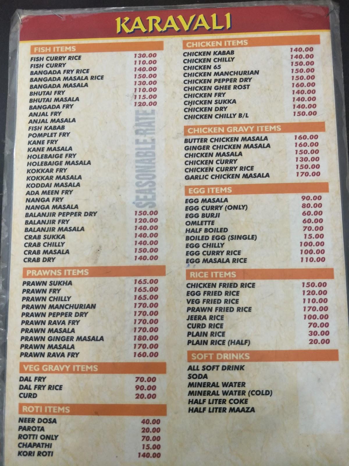 Menu at Karavali Hotel, Bengaluru