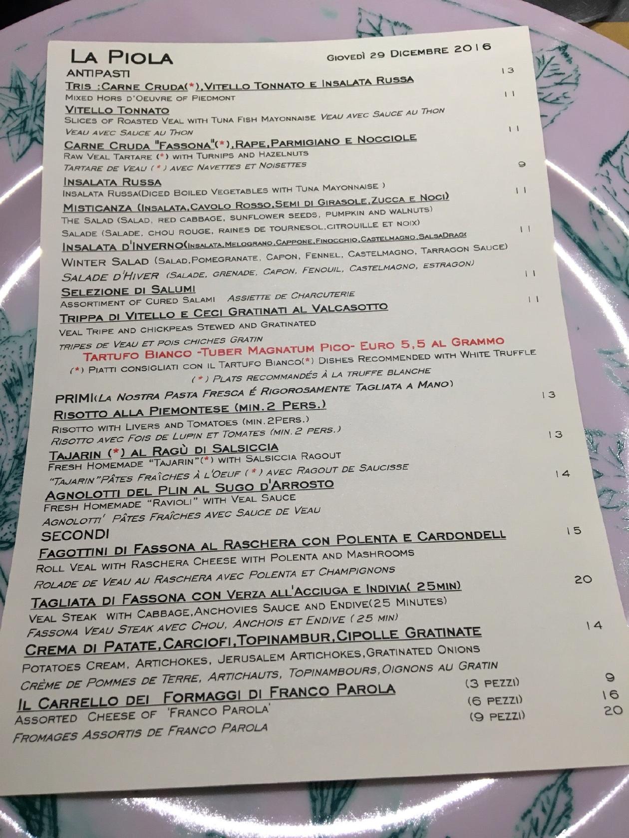 Menu da La Piola ristorante, Alba