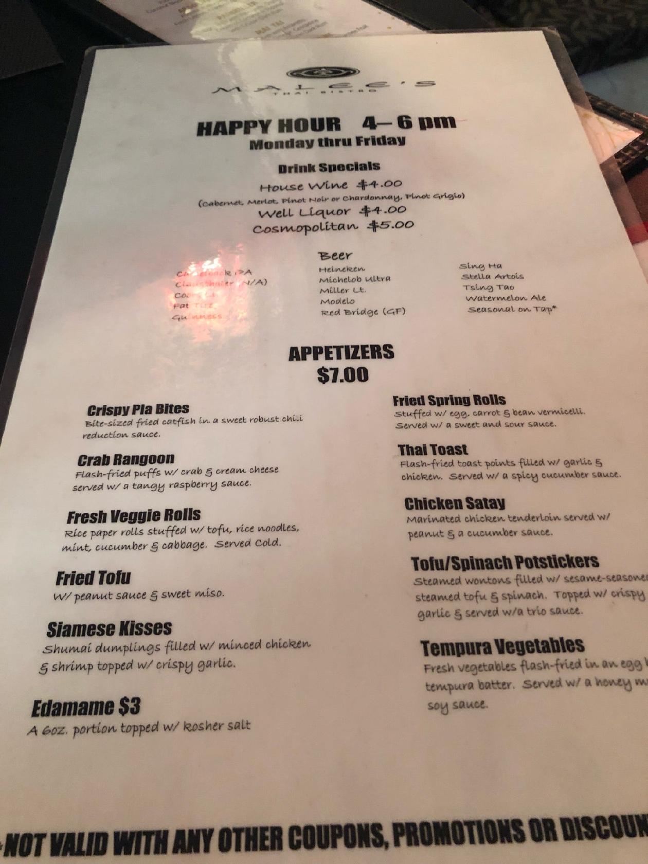 Menu at Malee's Thai Bistro pub & bar, Scottsdale, E Main St