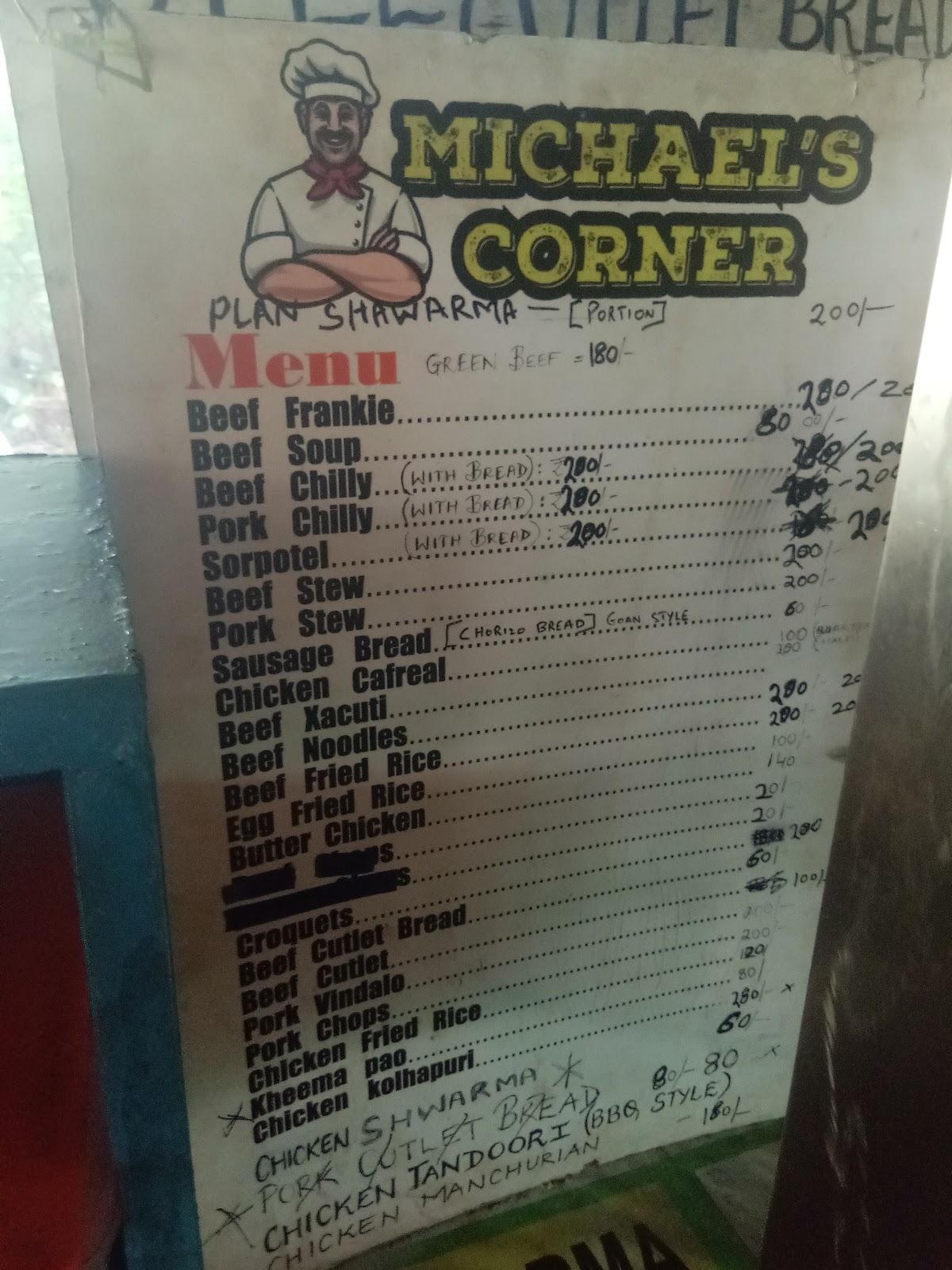 Menu at Michael's Corner, Candolim