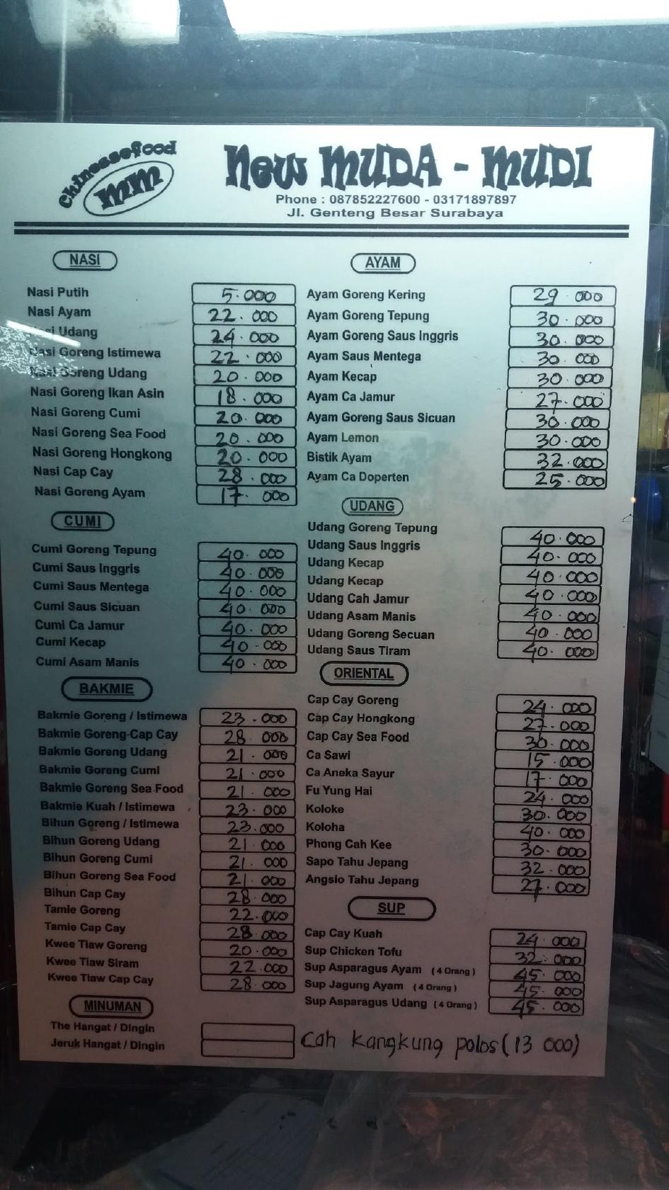 Menu at New Muda Mudi Chinese Food restaurant, Surabaya
