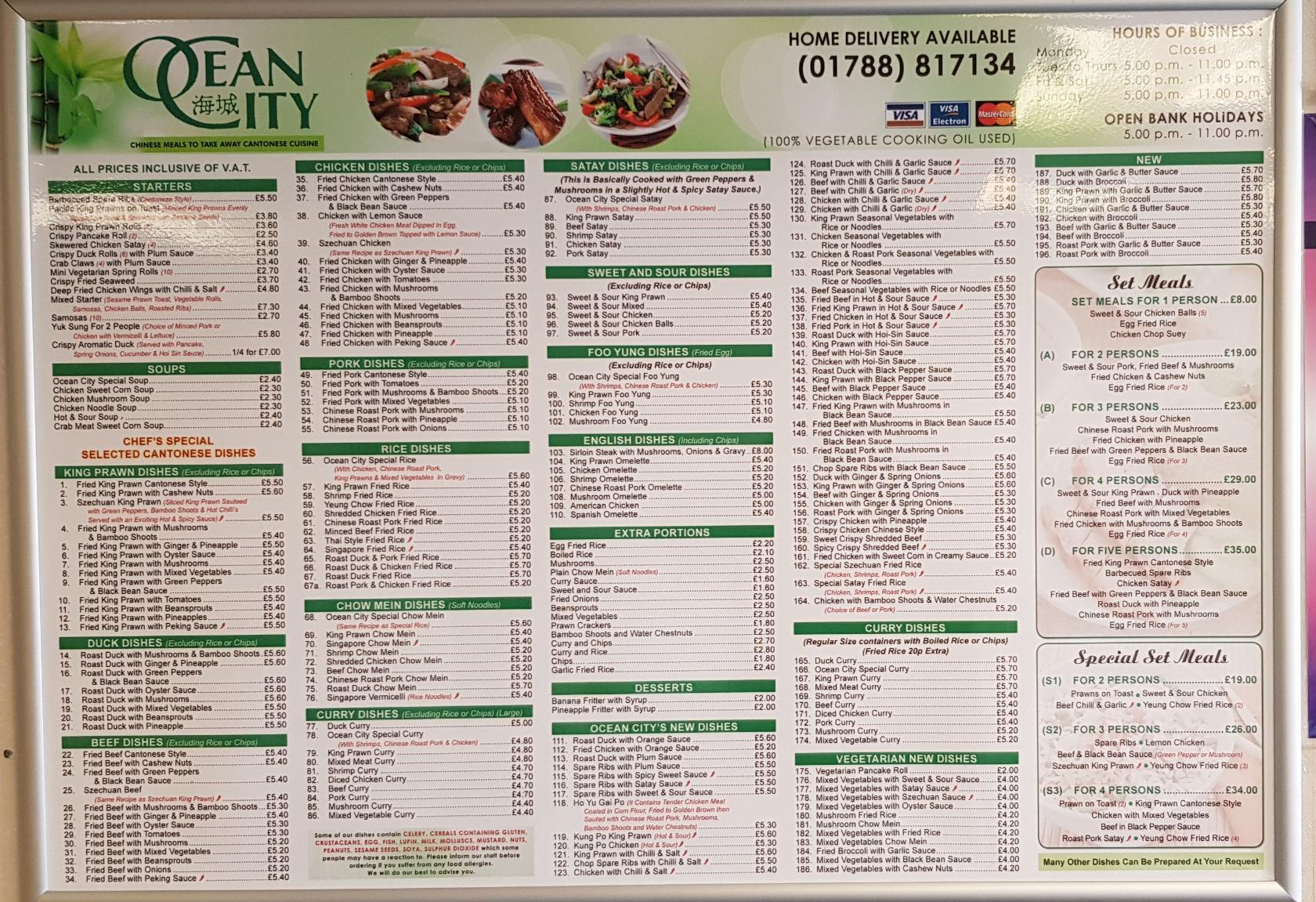 Menu at Ocean City fast food, Rugby