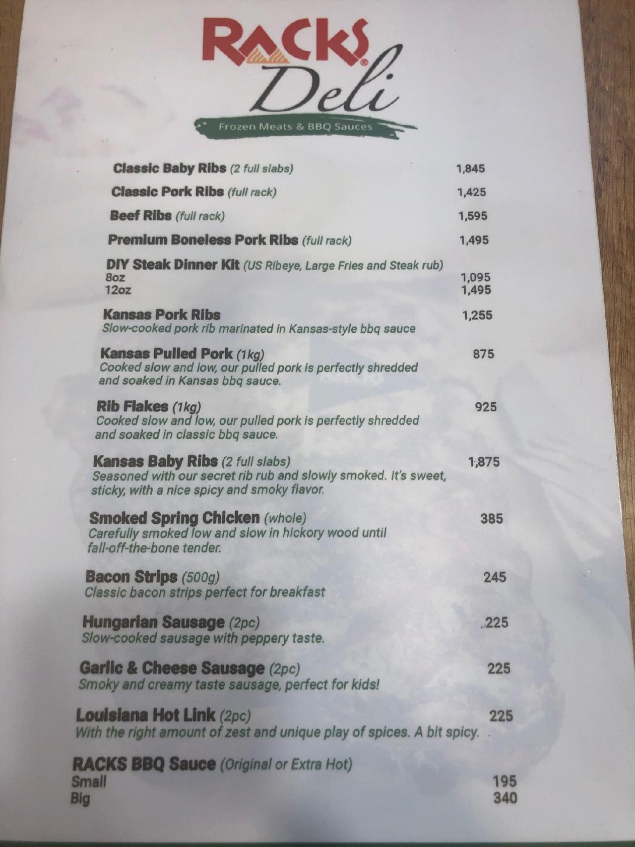 Menu at RACKS (Greenhills, San Juan City) restaurant, San Juan