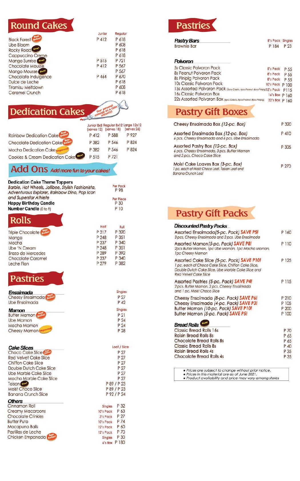 Menu at Red Ribbon, General Santos City, Purok Villanueva