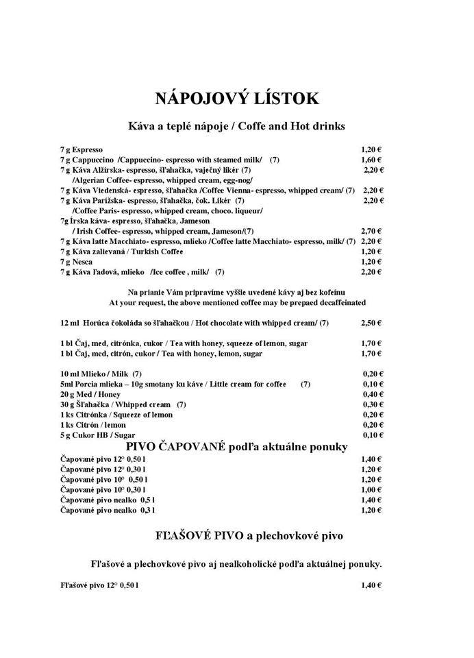 Menu at Restauracia Pod Hradom restaurant, Lada, Lada 195