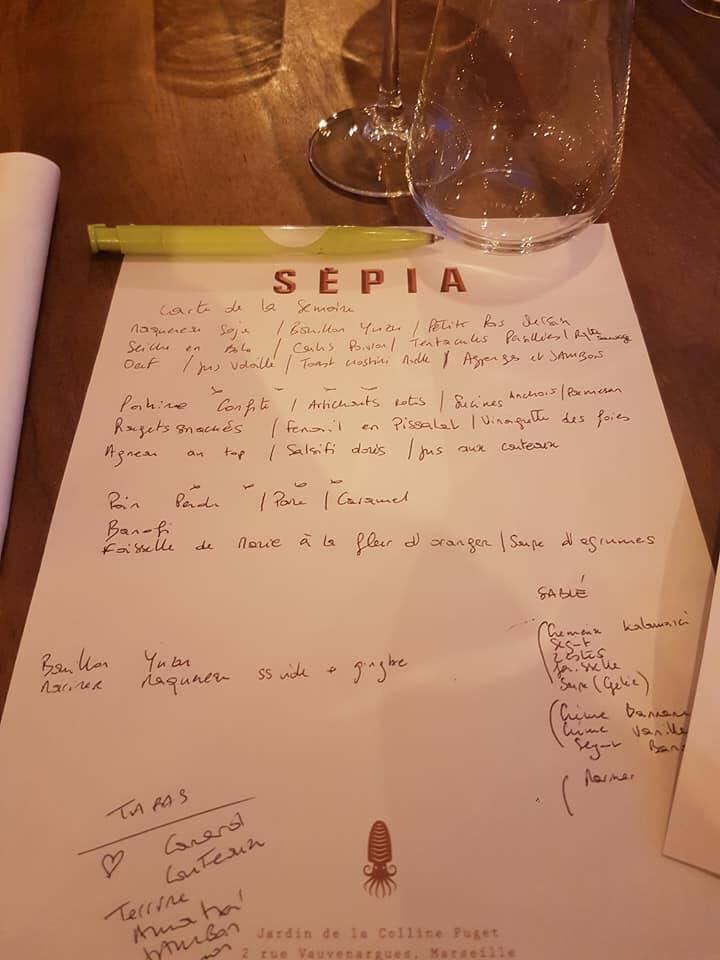 Menu at SEPIA restaurant, Marseille