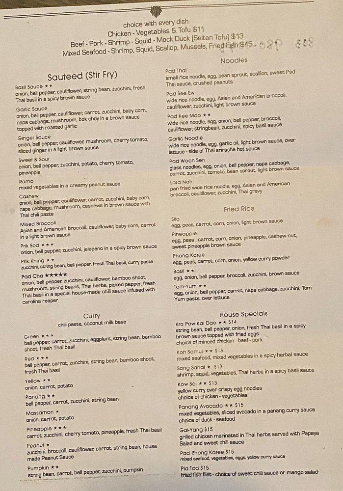 Menu at Sila Thai Restaurant, Rock Hill