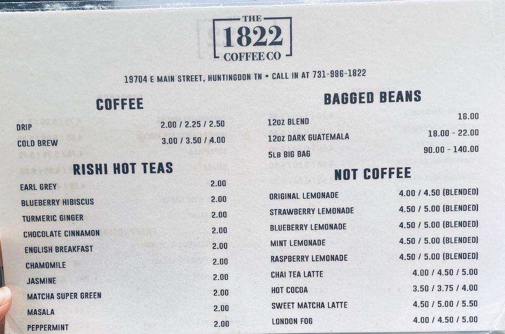 Menu at The 1822 Coffee Co., Huntingdon