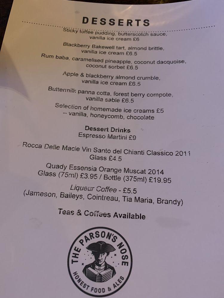 Menu at The Parson's Nose restaurant, Hillsborough