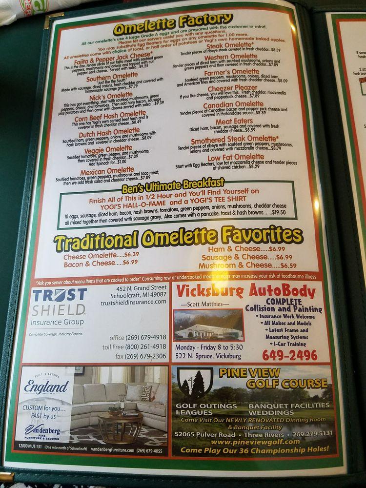 Menu at Yogi's restaurant, Vicksburg