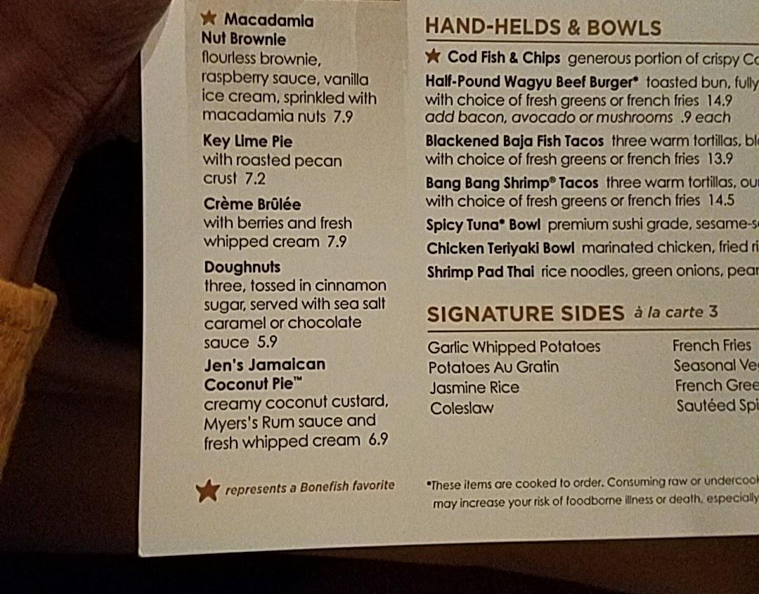 Menu at Bonefish Grill restaurant, Troy