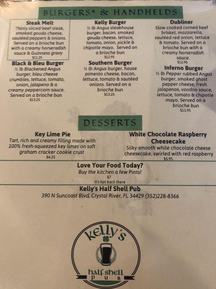 Menu at Kelly's Half Shell Pub, Crystal River
