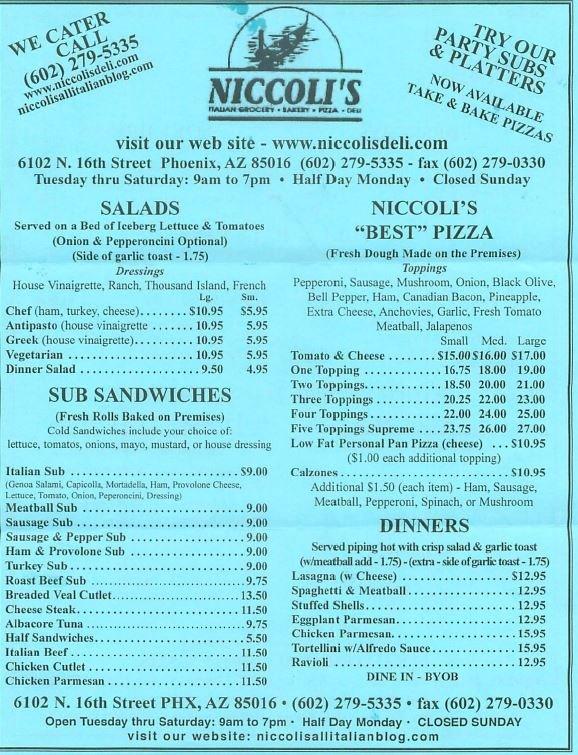 Menu at Niccoli's Italian Grocery-Deli restaurant, Phoenix