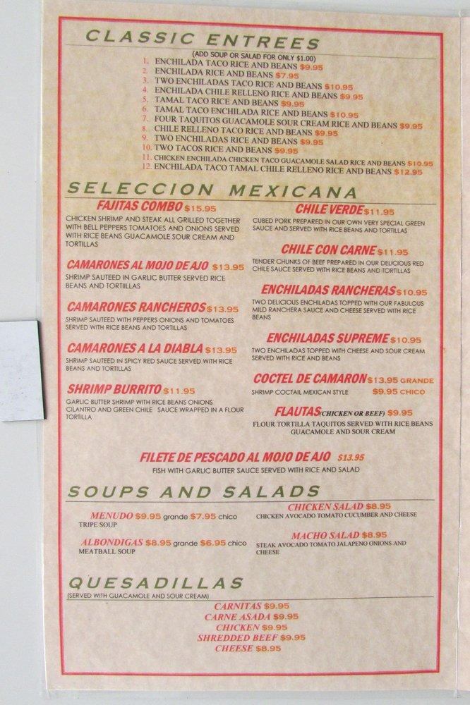 Menu at Raul's Casa Sombrero Mexican restaurant, Hawthorne