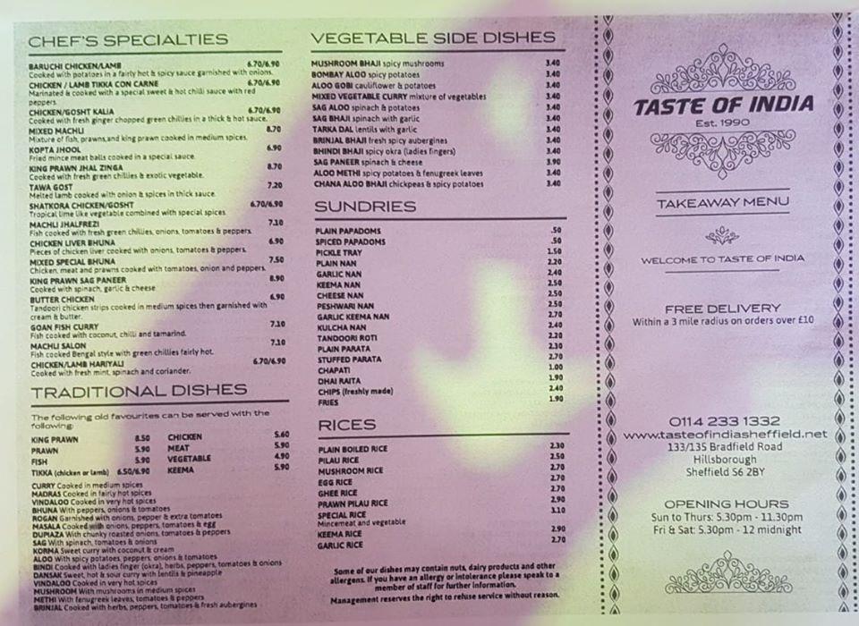 Menu at Taste of India Restaurant & takeaway, Sheffield, 133-135 ...