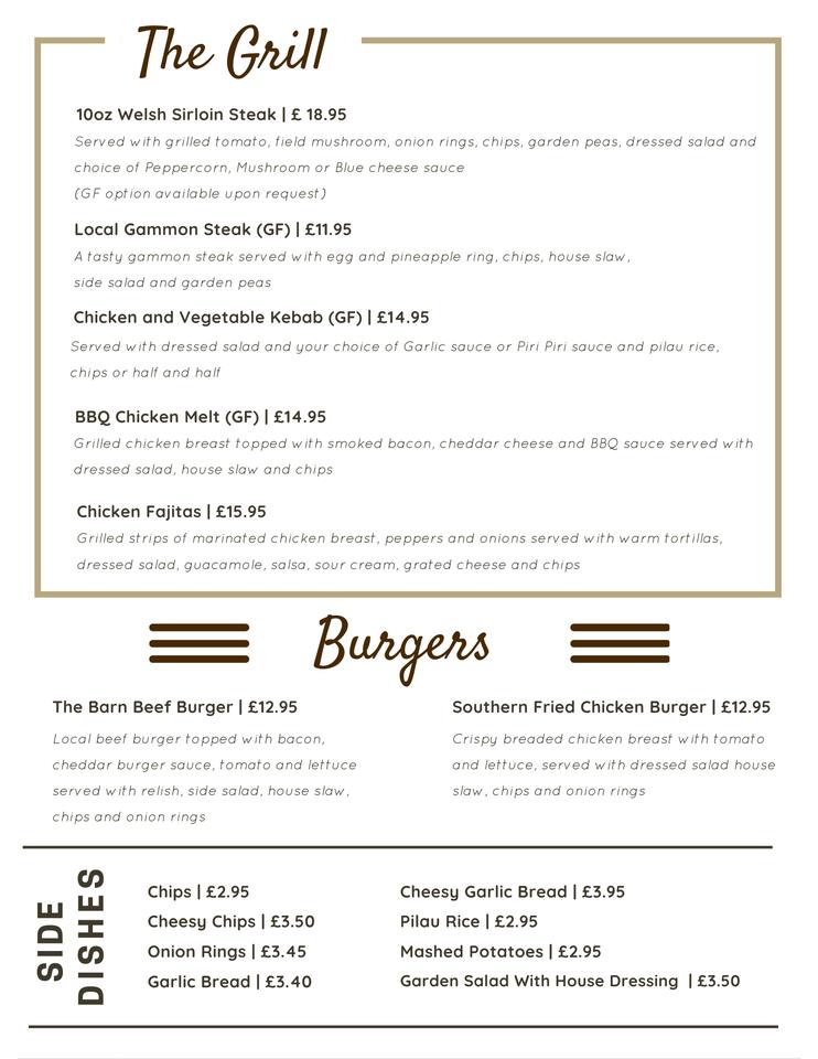Menu at The Barn at Pengarreg, Llanrhystud, A487