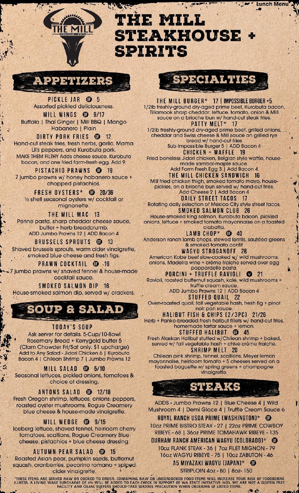 Menu at The Mill Steakhouse + Spirits, Milton
