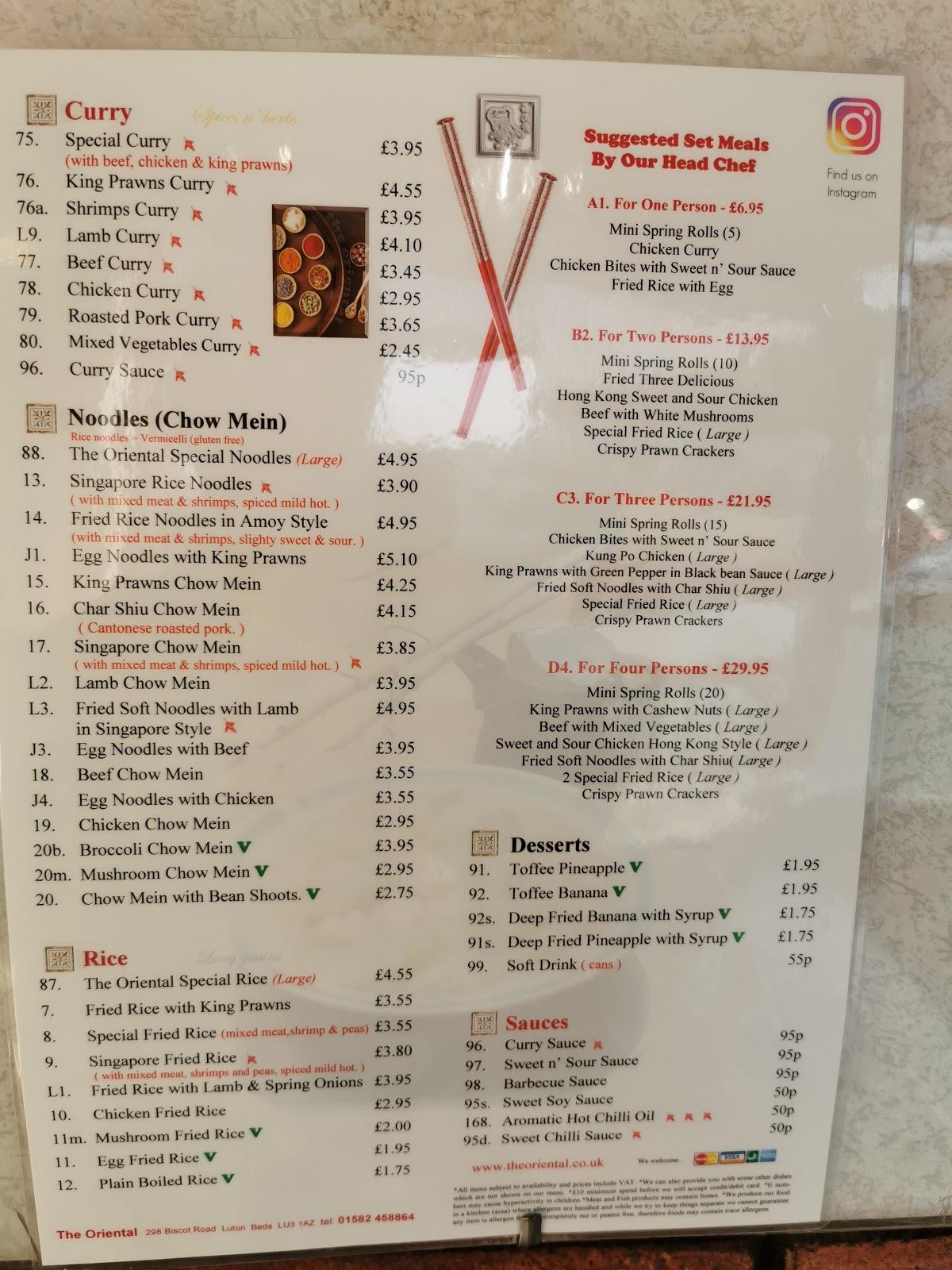 Menu at The Oriental fast food, Luton