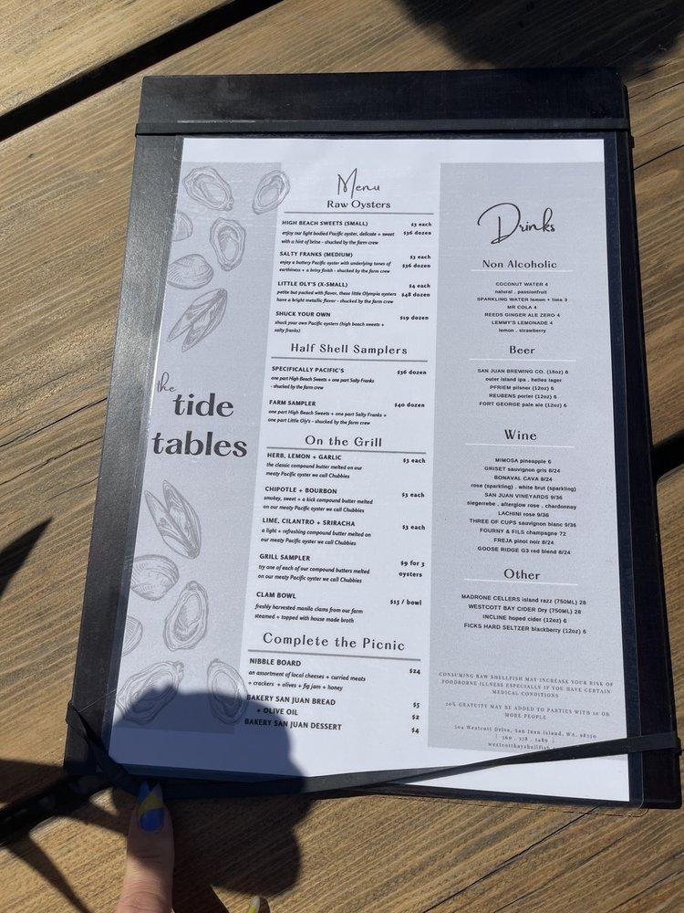 Menu at Westcott Bay Shellfish Co restaurant, Friday Harbor