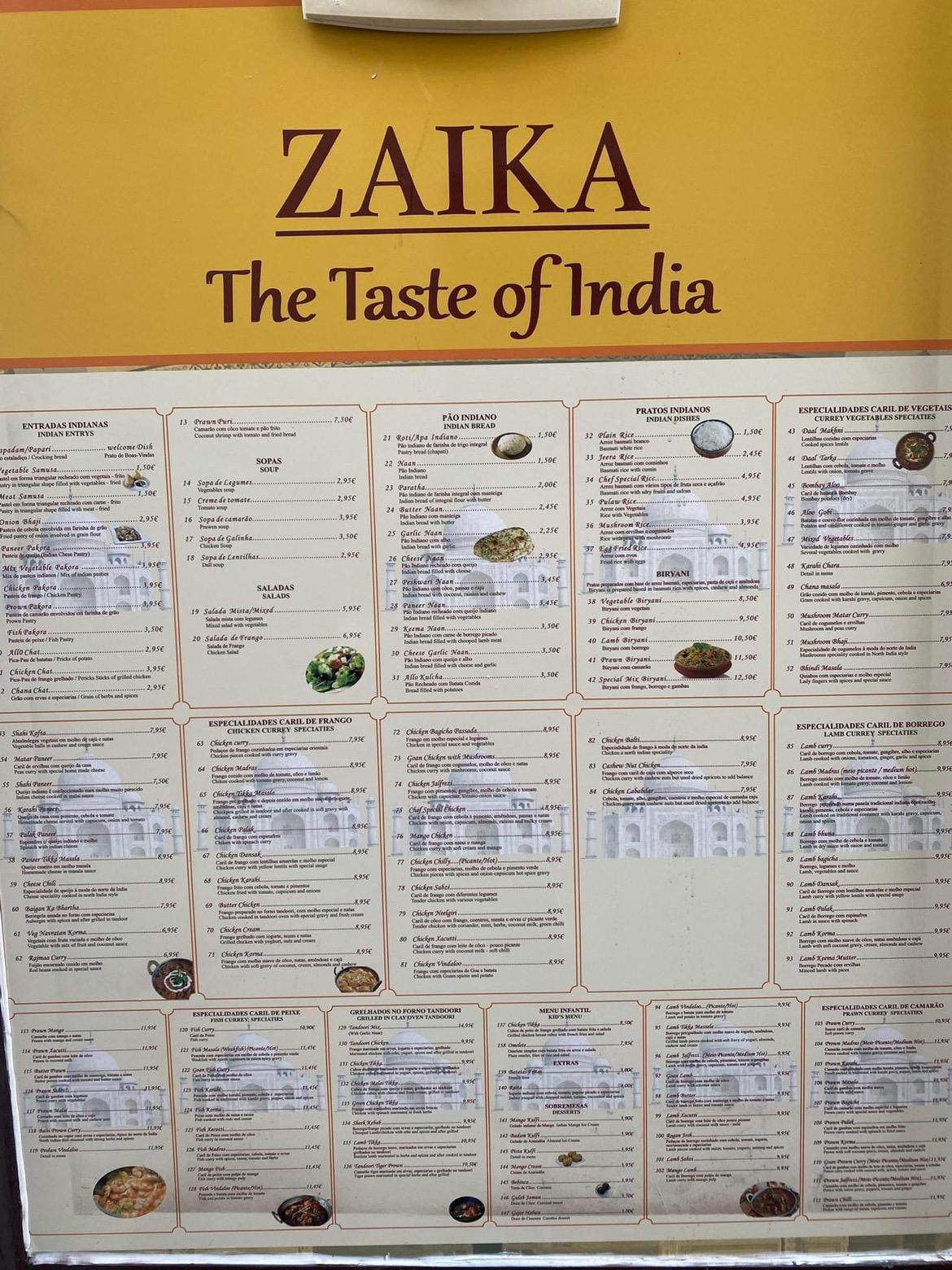 Menu em Zaika-The Taste of India restaurante, Lisboa