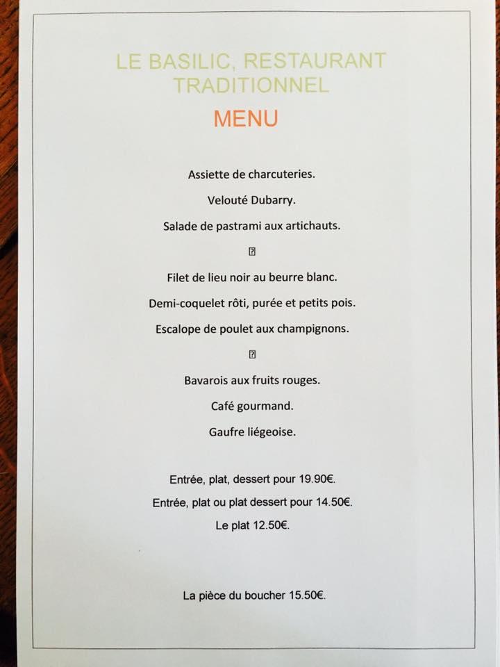 Menu au le basilic restaurant, Caudry