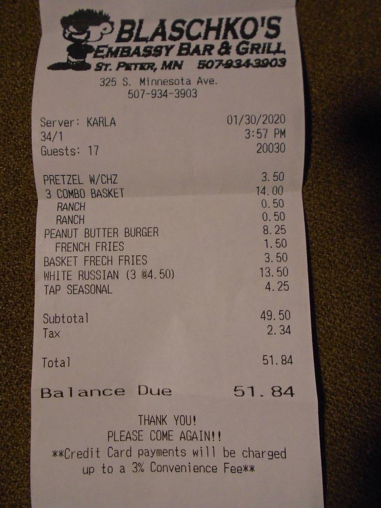 Menu at Blaschko's Embassy Bar, Saint Peter, 325 S Minnesota Ave