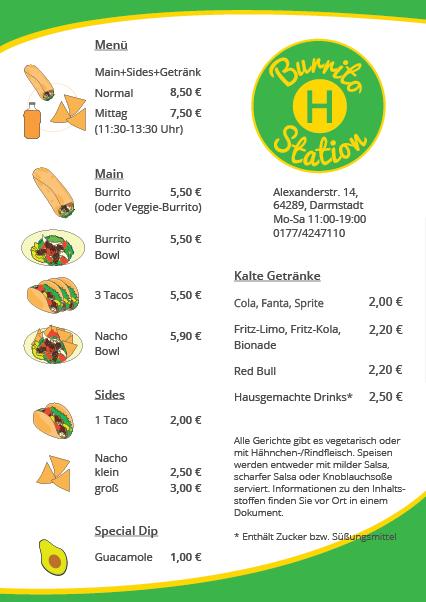 Speisekarte von Burrito Station restaurant, Darmstadt, Alexanderstraße 14