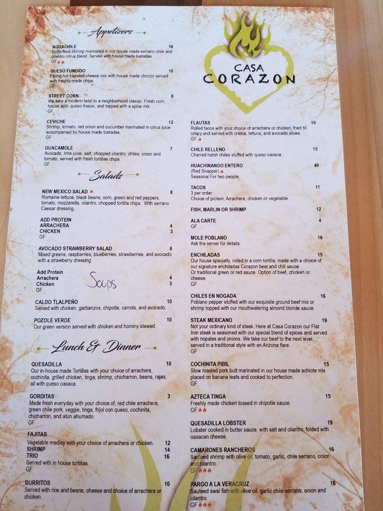 Menu at Casa Corazon Restaurant, Phoenix