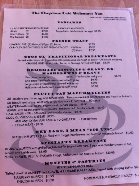 Carta de Cheyenne Cafe, Joseph