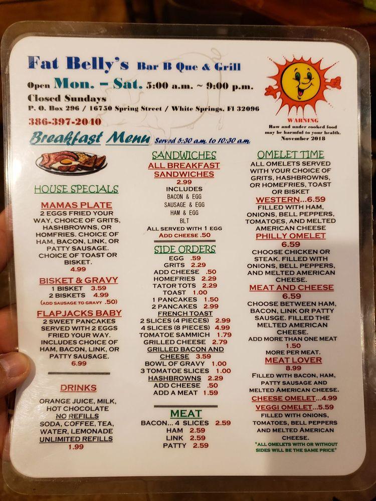Menu at Fat Belly's BBQ, White Springs
