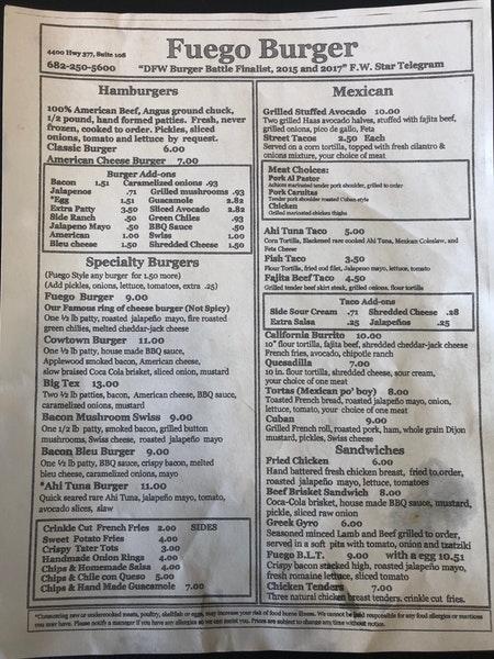 Carta del restaurante Fuego Burger, Fort Worth, Benbrook Blvd #108