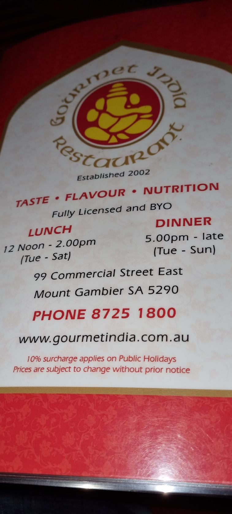 Menu at Gourmet India Restaurant, Mount Gambier