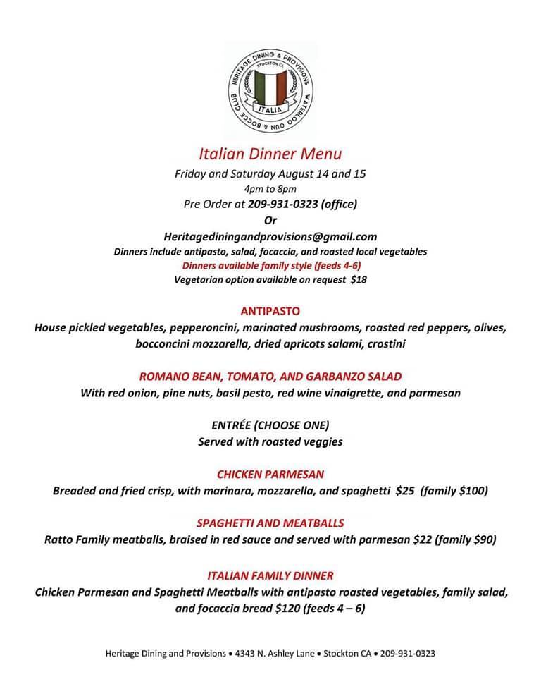 Menu at Heritage Dining and Provisions restaurant, Stockton