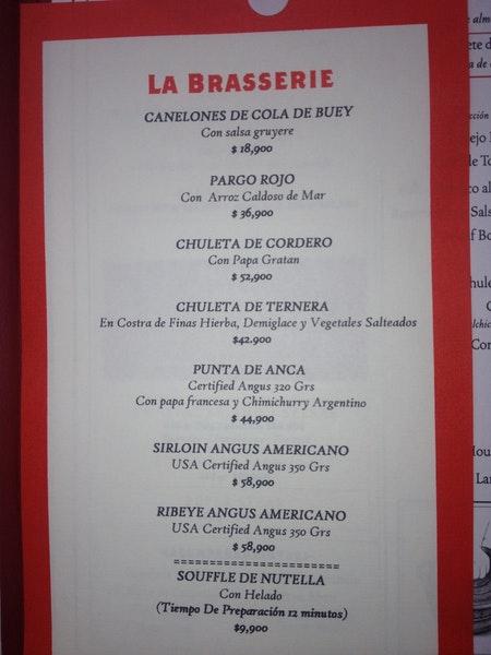 Menu at La Brasserie restaurant, Bogotá