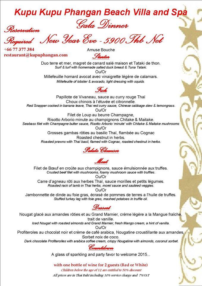 Carta de La Plage Restaurant at Kupu Kupu Phangan, Ko Pha-ngan