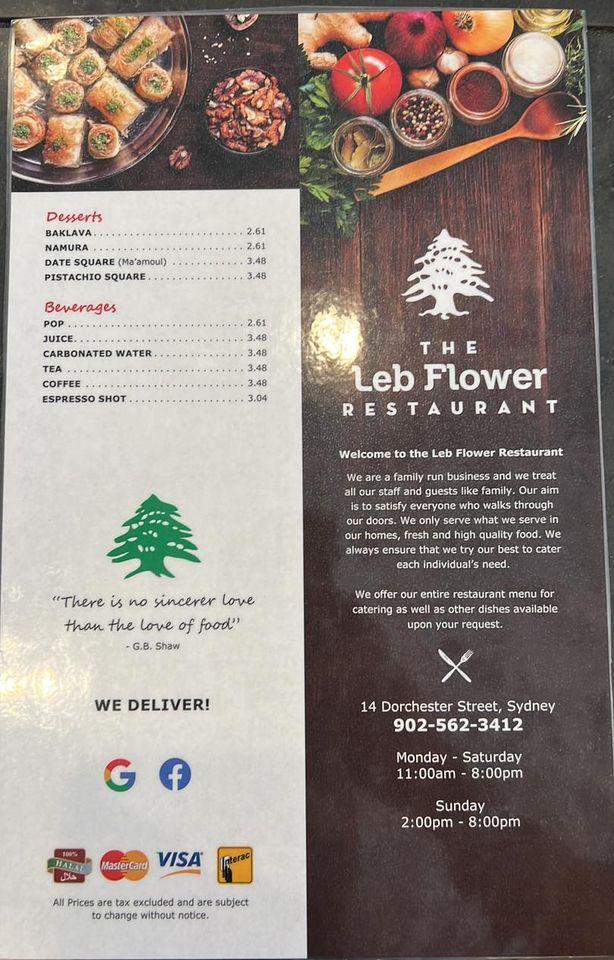 Menu at Lebanese Flower Restaurant, Sydney, 14 Dorchester St