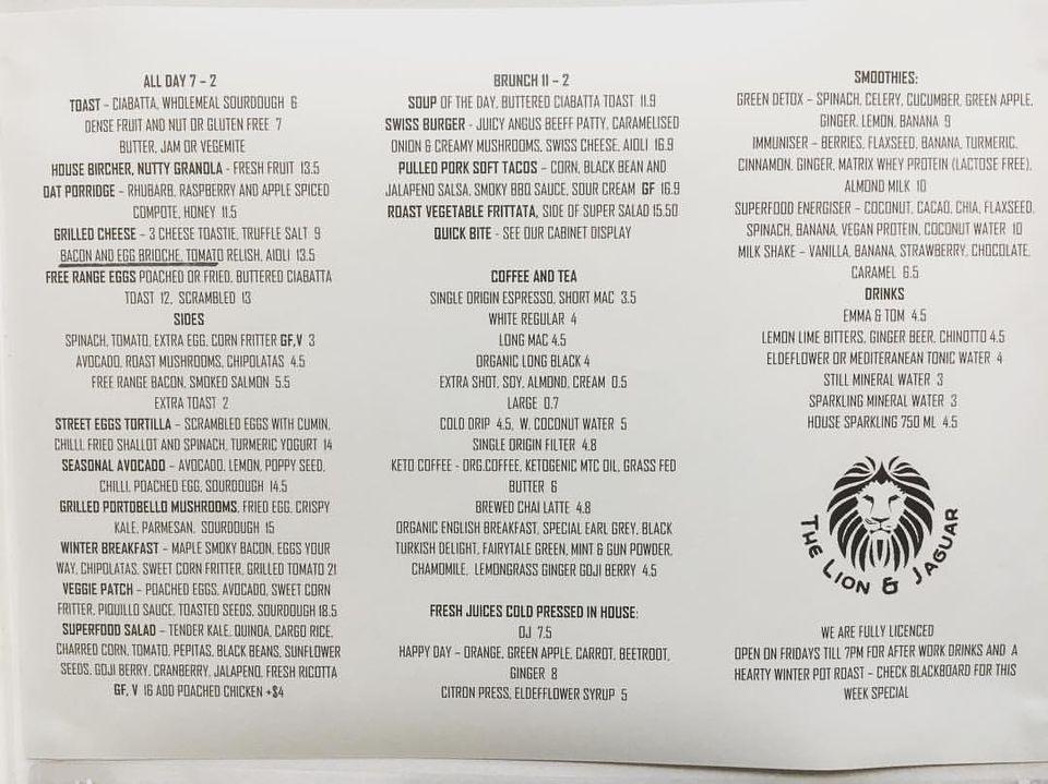 Menu at LID ESPRESSO BAR, Subiaco