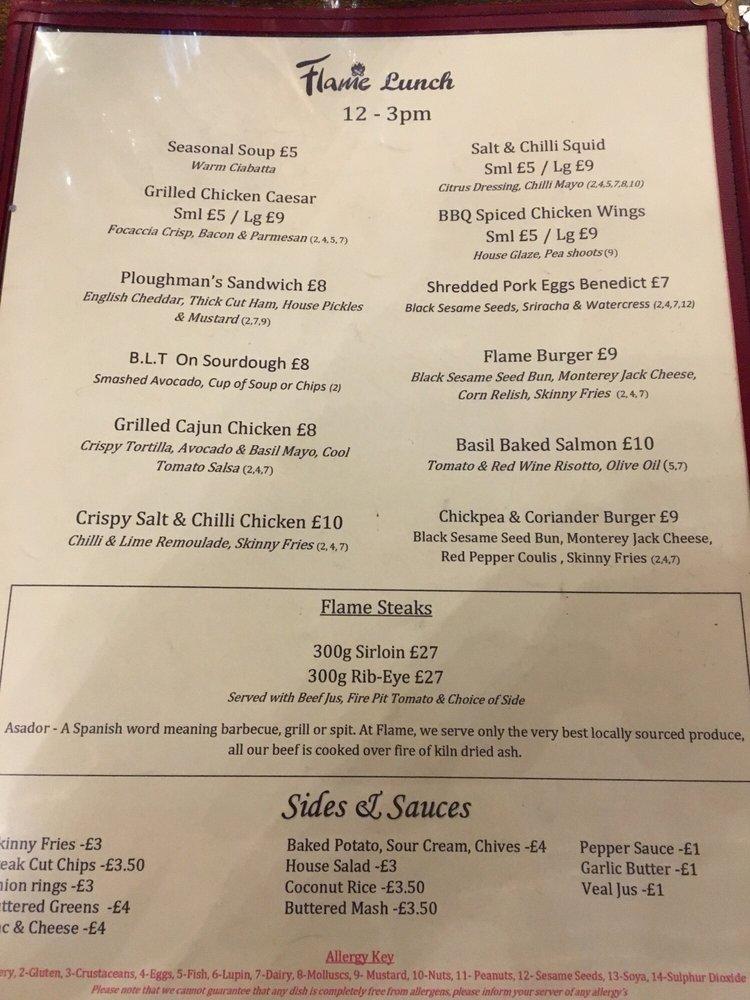 Menu at Flame pub & bar, Belfast