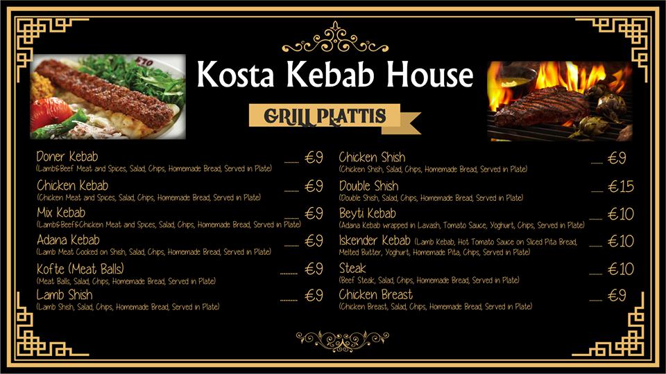 Carta del restaurante Kosta Kebab House, San Pawl il-Baħar