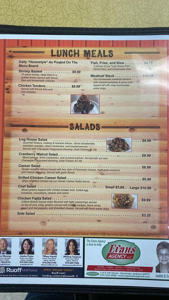 Menu at Log House Restaurant, Argos, 101 N Michigan St