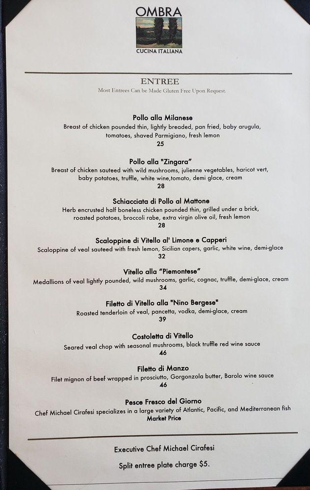 Menu at Ombra Cucina Italiana restaurant, Hilton Head Island