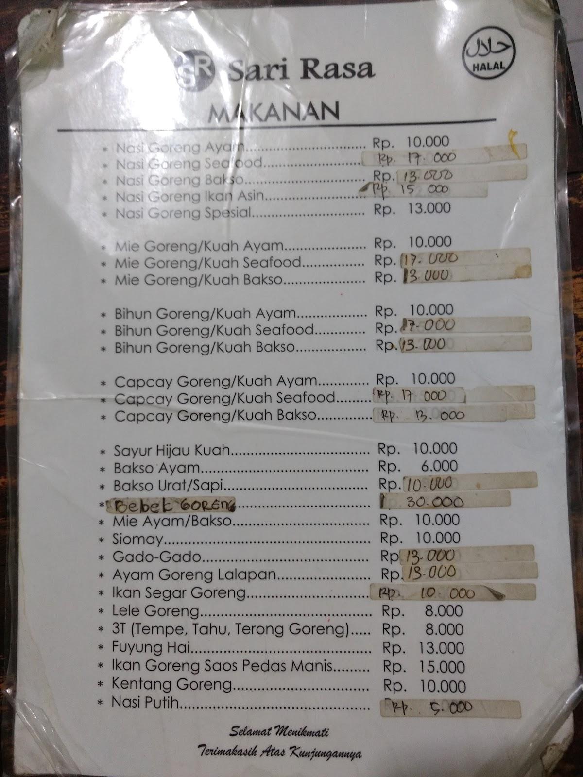 Menu at Sari Rasa restaurant, Ubud