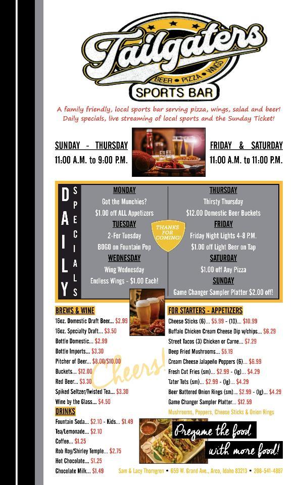 Menu at Tailgaters Sports Bar, Arco