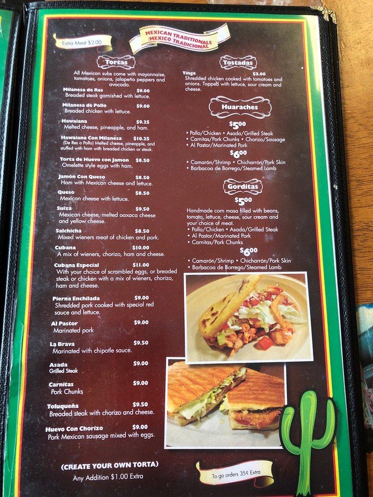 Menu at Tortas Mexico restaurant, North Little Rock