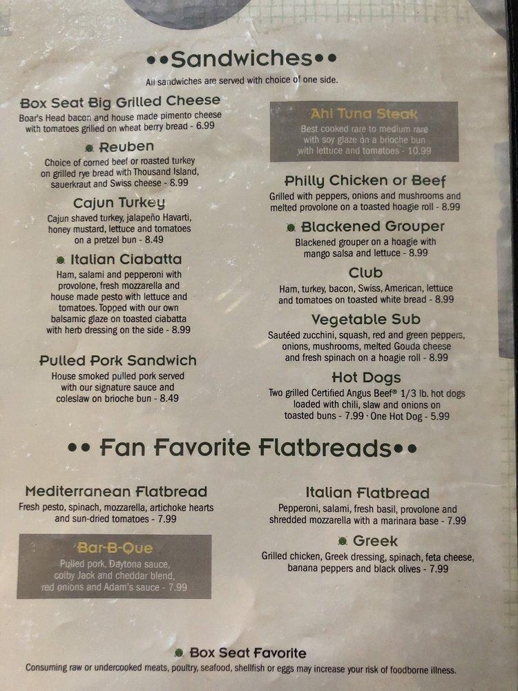 Menu at Box Seat pub & bar, Greensboro, High Point Rd # E