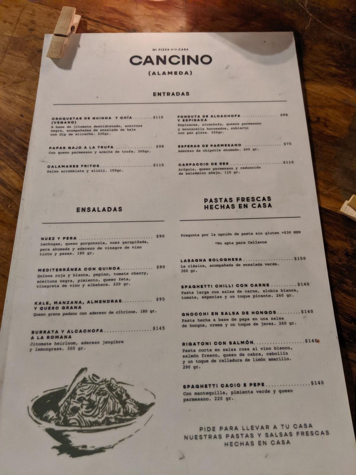 Carta del pub y bar Cancino Alameda, Ciudad del México