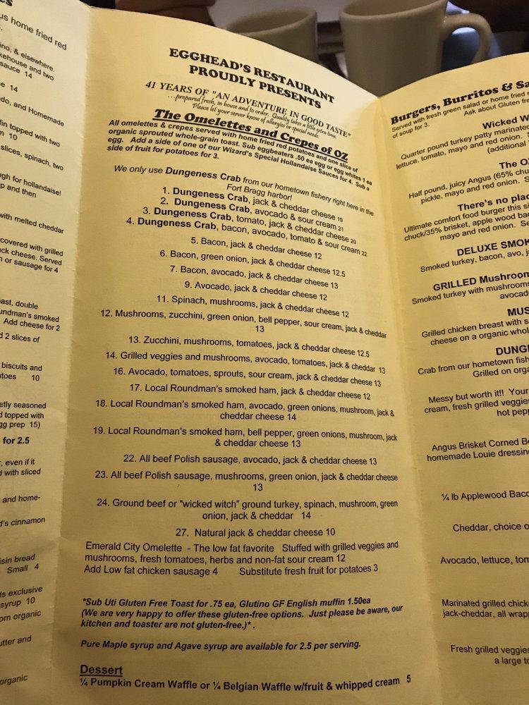 Menu at Egghead's Restaurant, Fort Bragg
